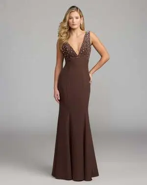 Mac Duggal Embellished Sleeveless V-neck Gown - Chocolate