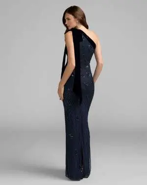 Mac Duggal Navy Beaded One Shoulder Gown With Velvet Bow