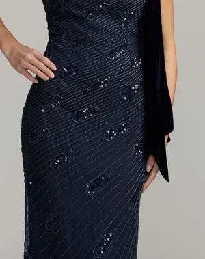 Mac Duggal Navy Beaded One Shoulder Gown With Velvet Bow