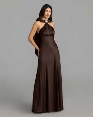 Mac Duggal Charmeuse Cowl Back Halter Gown