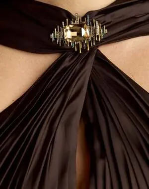 Mac Duggal Charmeuse Cowl Back Halter Gown
