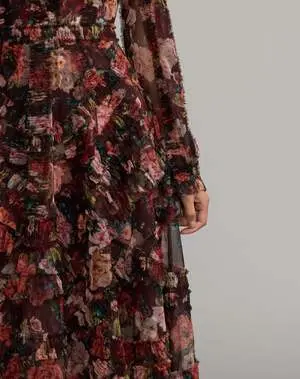 Mac Duggal Brown Floral Long Sleeve Mirco Ruffle Midi Dress