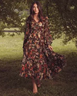 Mac Duggal Brown Floral Long Sleeve Mirco Ruffle Midi Dress