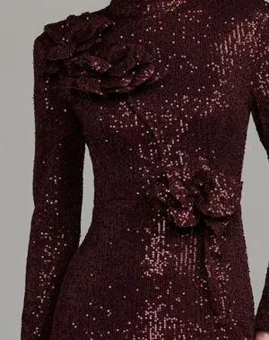 Mac Duggal Burgundy Long Sleeve Sequin Gown With Flowers