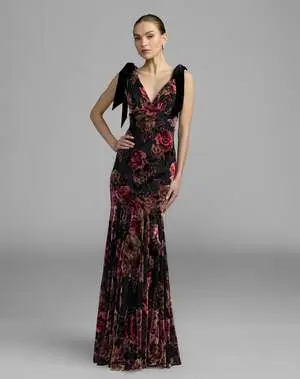 Mac Duggal Floral Velvet Mermaid Gown - Black Multi