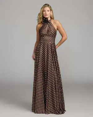 Mac Duggal Brown Polka Dot A-line Halter Gown With Rosette