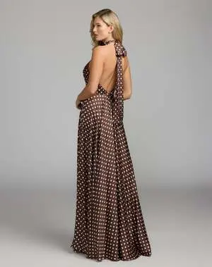 Mac Duggal Brown Polka Dot A-line Halter Gown With Rosette