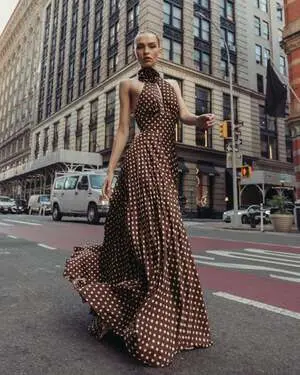 Mac Duggal Brown Polka Dot A-line Halter Gown With Rosette