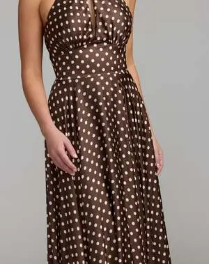 Mac Duggal Brown Polka Dot A-line Halter Gown With Rosette
