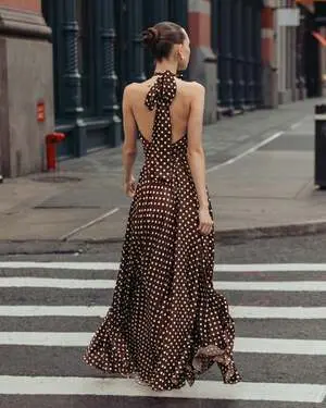 Mac Duggal Brown Polka Dot A-line Halter Gown With Rosette
