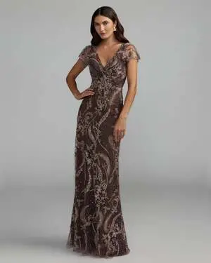 Mac Duggal MAC DUGGAL V-Neck Flutter Sleeve Embroidered Lace Gown Brown