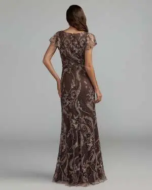 Mac Duggal V-neck Flutter Sleeve Embroidered Lace Gown - Brown