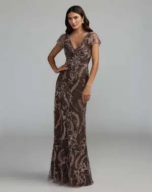 Mac Duggal Brown V Neck Flutter Sleeve Embroidered Lace Gown
