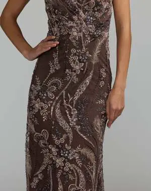 Mac Duggal Brown V Neck Flutter Sleeve Embroidered Lace Gown