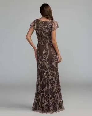 Mac Duggal Brown V Neck Flutter Sleeve Embroidered Lace Gown