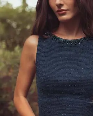 Mac Duggal Navy Sleeveless A-line Boucle Midi Dress