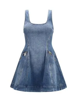 SELF-PORTRAIT Denim Flared Mini Dress - Blue