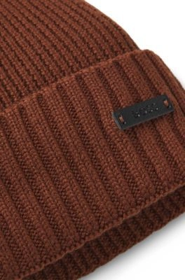 BOSS Rib-knit Virgin-wool Beanie With Logo Plaque