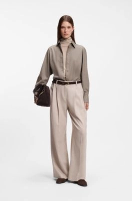 BOSS Slim-fit Flannel Blouse With Wool And Linen - Beige