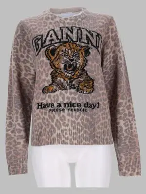 GANNI Animal Print Pullover Sweater - Cream
