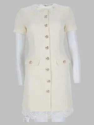 SELF-PORTRAIT Short Sleeve Lace Trimmed Tweed Dress - Cream