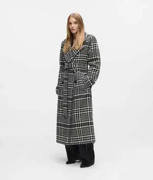 Karl Lagerfeld Houndstooth Long Wool-blend Coat - Black-white Houndstooth
