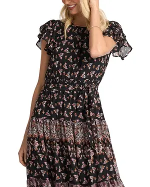 CECE DUPRAZ Printed Tiered Flutter Sleeve Tie Waist Dress