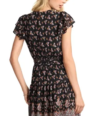 CECE DUPRAZ Printed Tiered Flutter Sleeve Tie Waist Dress