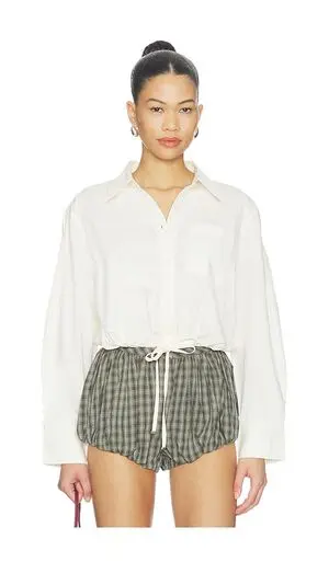 GANNI Stretch Cotton Cropped Bowling Shirt In Cream - Egret