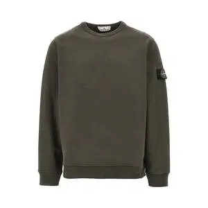 Stone Island Crewneck Cotton Weathirt With Logo Badge - Green
