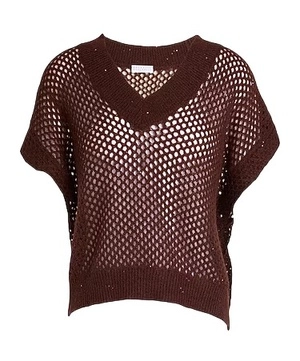 Brunello Cucinelli Solidcolor Vneck Knit Shortsleeve Top - Chocolate Brown