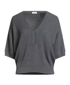 Brunello Cucinelli Solidcolor Vneck Shortsleeve Knit Top - Grey