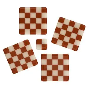 DAVID PERRY GLASS & CERAMICS Neutrals Terracotta & Cream Chequered Glass Coasters - Brown
