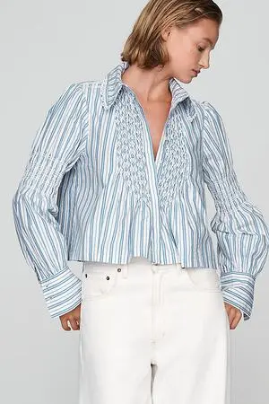 Maeve 100% Cotton Smocked Buttondown Shirt Blue Stripe