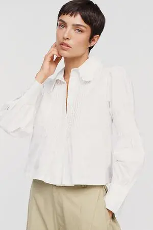 Maeve Floral Cotton Smocked Buttondown Shirt - White