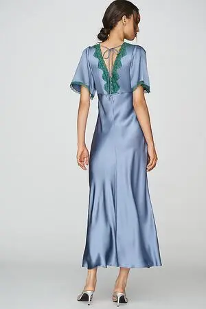 Anthropologie 100% Silk Sat Lace-trim Maxi Dress