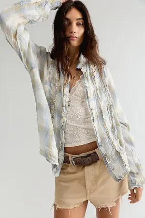 LLEA BLUE Tuxedo Plaid Linen Shirt - Blue Combo