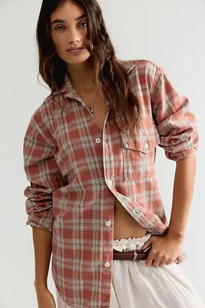 LLEA BLUE One-pocket Boyfriend Shirt - Rust Combo
