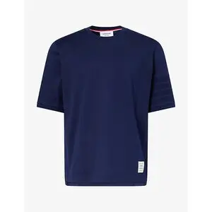 Thom Browne Striped-sleeve Brand-patch Cotton T-shirt - Navy