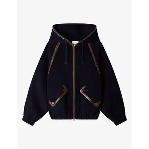 Sandro Hooded Leather-trim Double-faced Wool Coat - Navy Blue