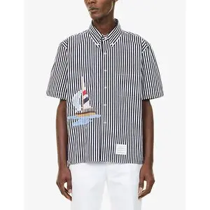 Thom Browne Sailboat-embroidered Striped Cotton Shirt