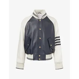 Thom Browne Oversized Contrast-sleeve Leather Jacket - Navy