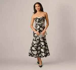 Adrianna Papell Strapless Floral Jacquard Ankle Length Trumpet Dress - Black/ivory