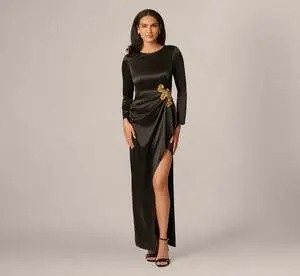 Adrianna Papell Long Sleeve Stretch Satin Beaded Drape Gown