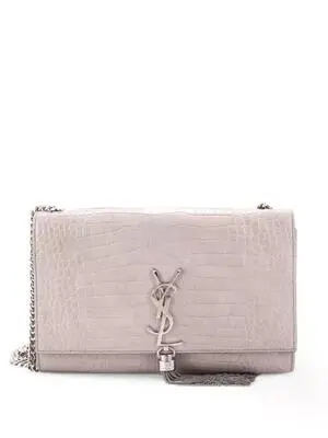 Saint Laurent Classic Monogram Tassel Crocodile Embossed Leather Medium Crossbody Bag - Grey