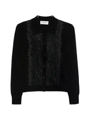 ERMANNO FIRENZE Lace-panelled Polo-collar Cardigan - Black