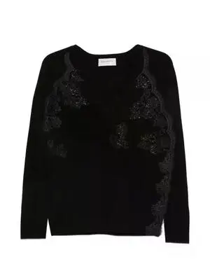 ERMANNO FIRENZE Lace-panelled V-neck Sweater - Black
