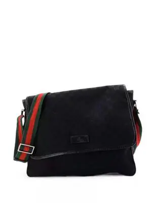 Gucci Web Strap Flap Messenger Gg Canvas Medium Crossbody Bag - Black