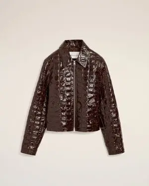 AMI Paris Burgundy Crocodile Embossed Cowhide Leather Zipped Jacket Red