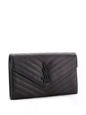 Saint Laurent Classic Monogram Wallet On Chain Matelasse Chevron Leather Medium Crossbody Bag - Black
